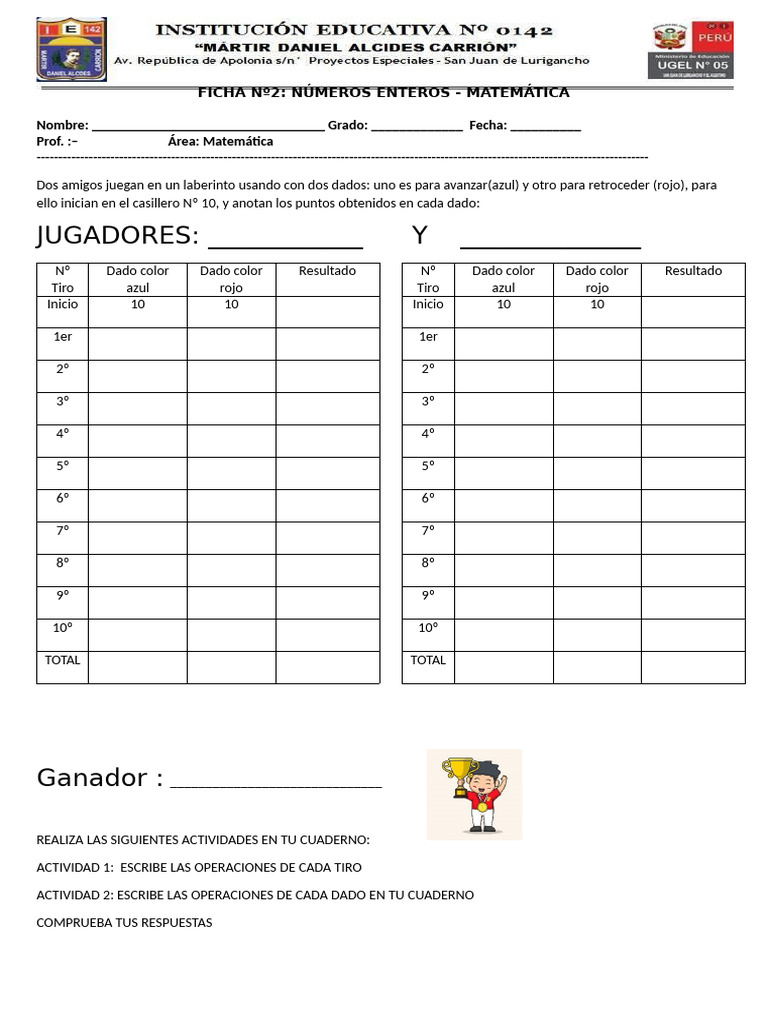 Ficha 2 Números Enteros Mat 2do U1 S2 | PDF