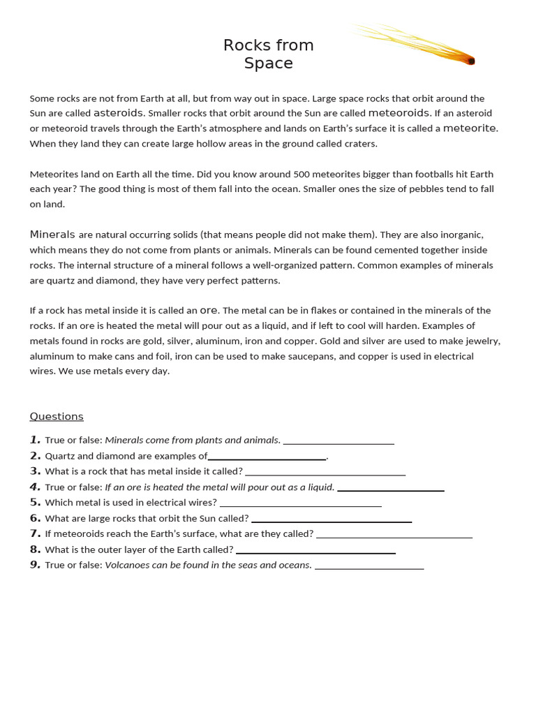 Reading Comprehension Rocks From Space Fun Activities Games Reading ...