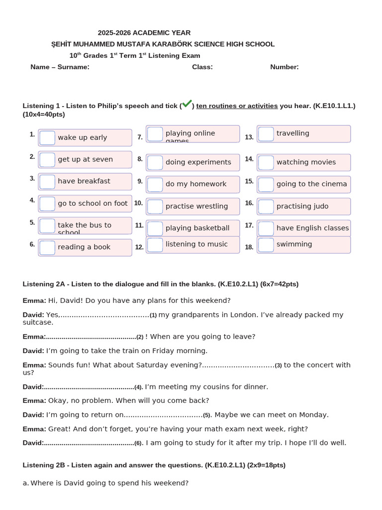 10th Grade Listening Exam 2025-2026 | PDF | Chess Theory | Chess