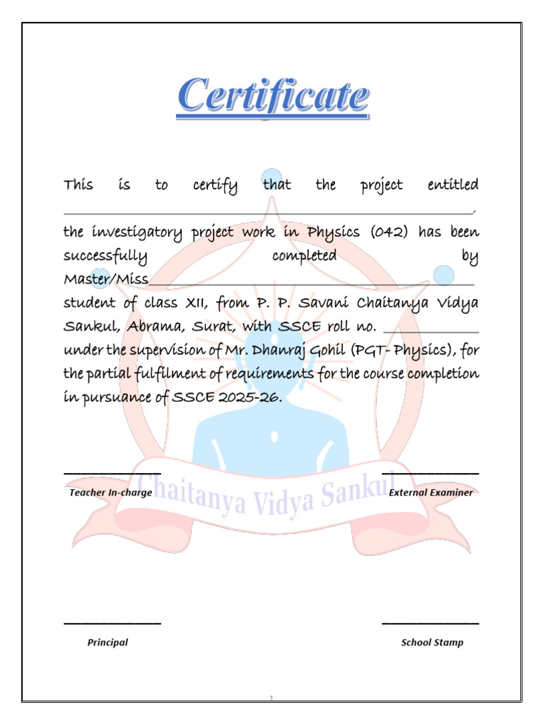 Certificate for Physics Investigatory Project | PDF