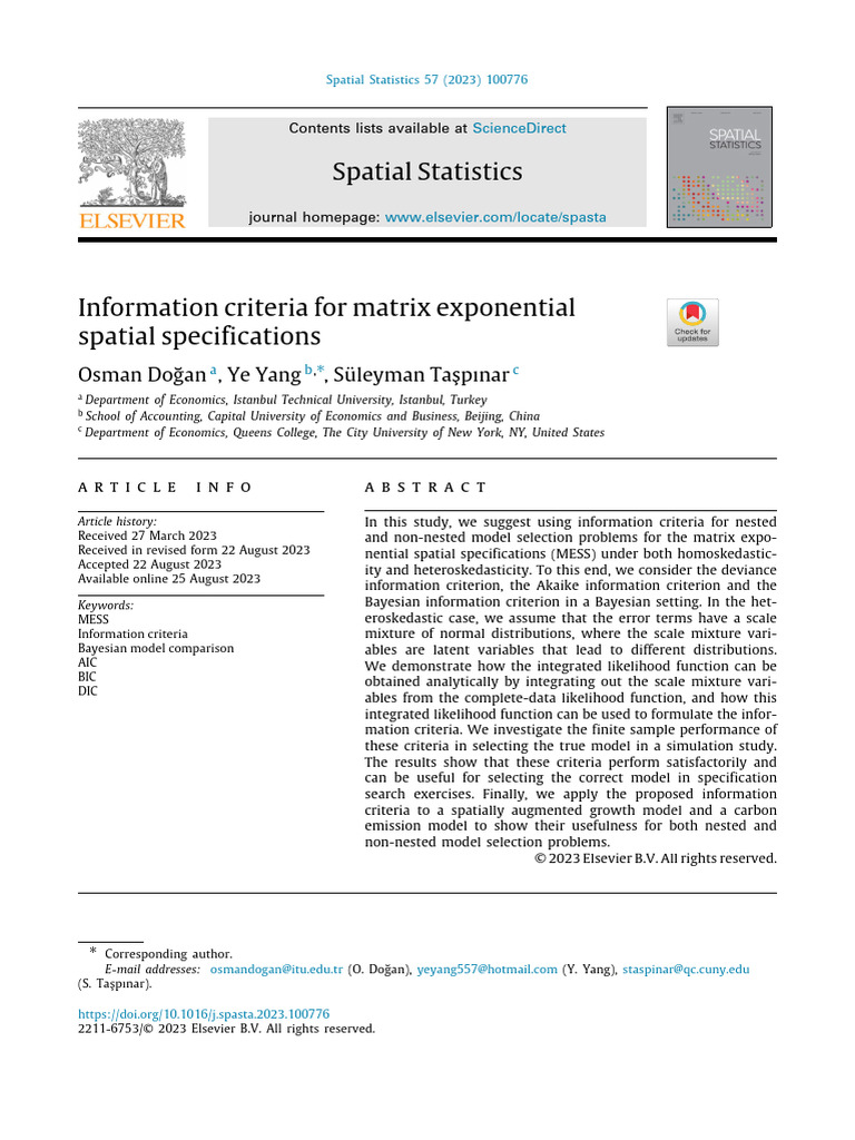 Information Criteria For Matrix Exponential Spatial Specifications ...