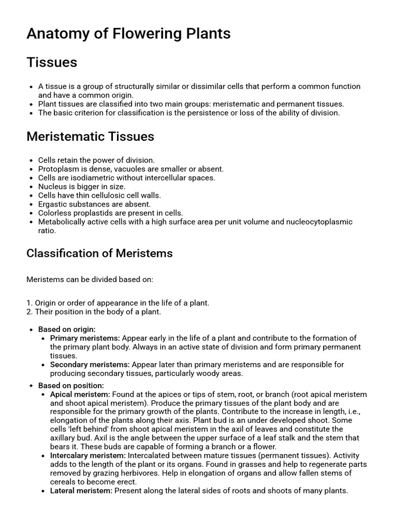 Anatomy of Flowering Plant Tissues | PDF | Tissue (Biology) | Plant Stem