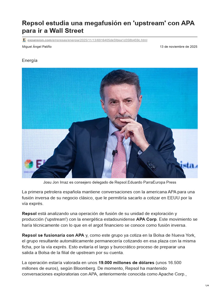 Repsol Estudia Una Megafusión en Upstream Con APA para Ir A Wall Street ...