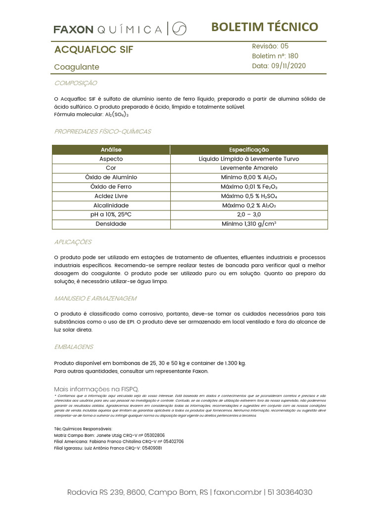 Ficha Técnica de Produto Químico - BT ACQUAFLOC SIF - N°180 | PDF ...