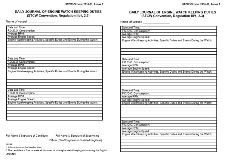 Daily Engine Watchkeeping Journal Template | PDF | Shipping | Working Time