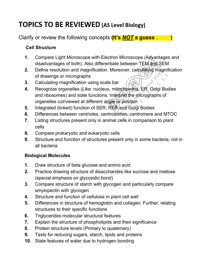 9700 As Level Biology (Topics To Be Reviewed) | PDF | Cell (Biology ...