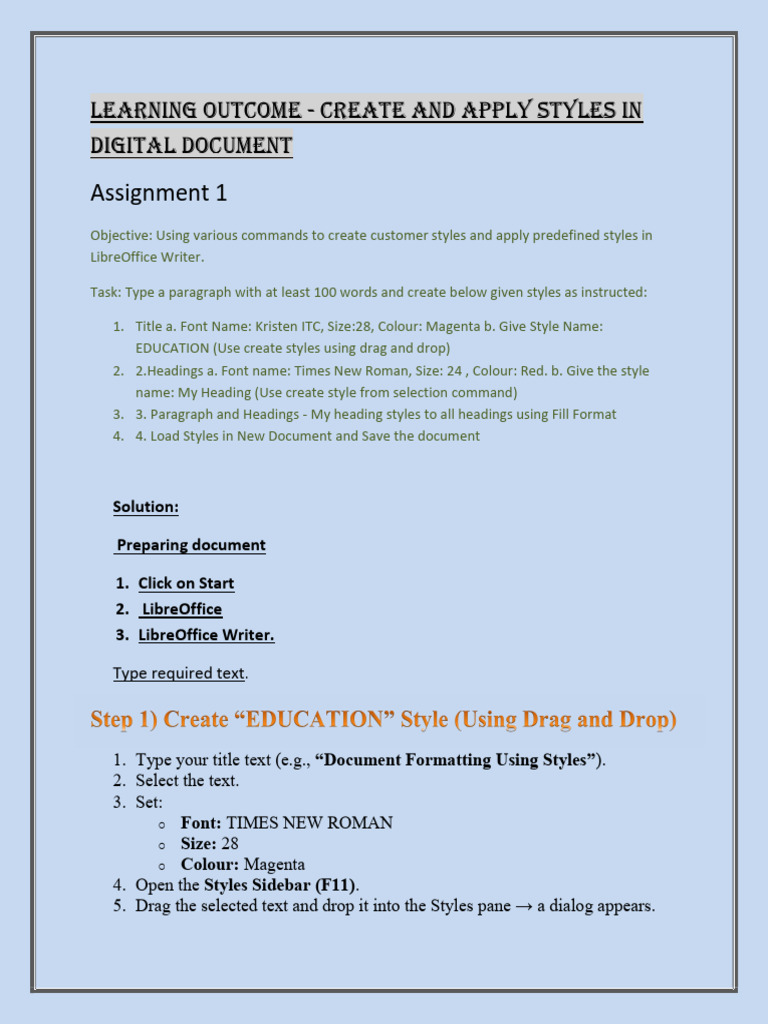 Assignment 1: Learning Outcome - Create and Apply Styles in Digital ...