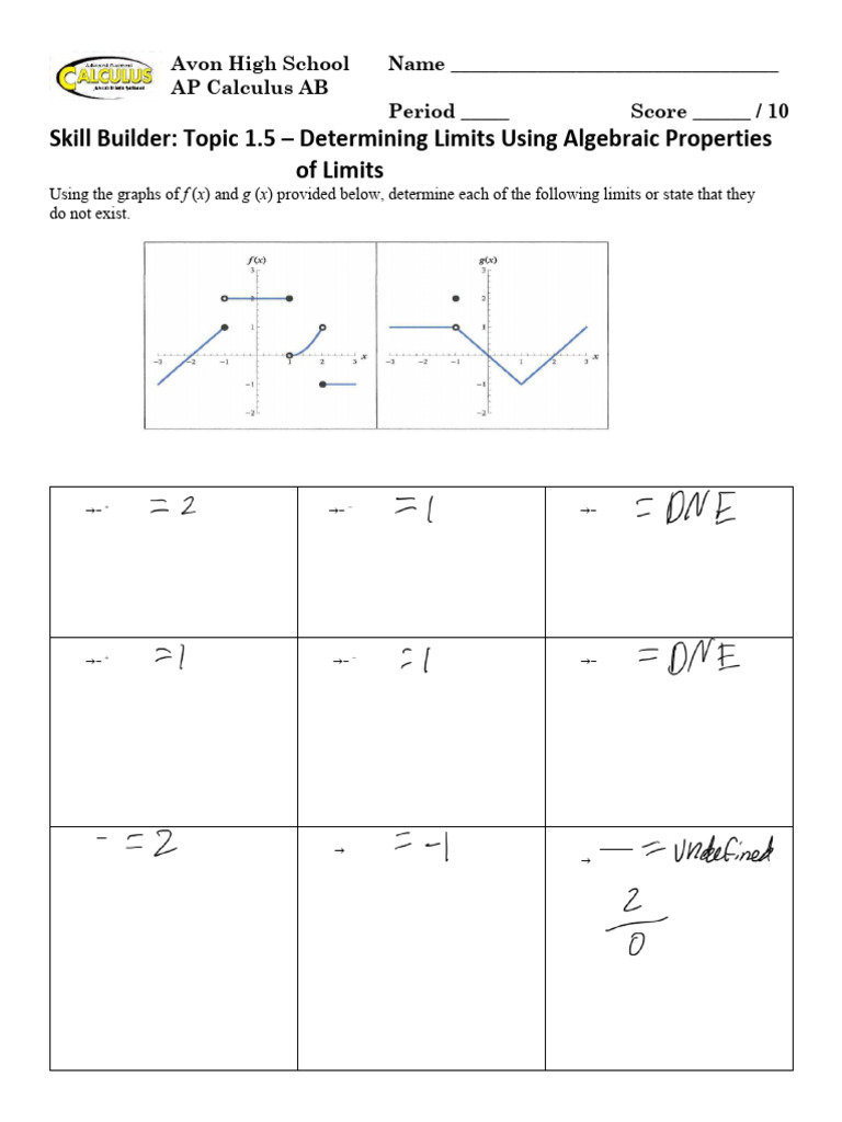 Skill Builder: Topic 1.5 - Determining Limits Using Algebraic ...