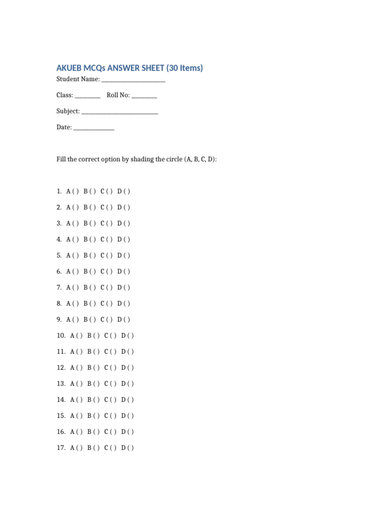 AKUEB MCQs Answer Sheet Template | PDF