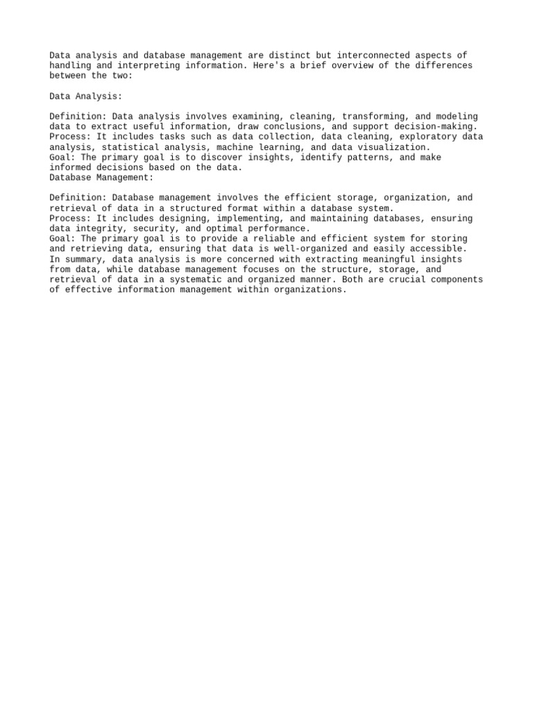 Difference Between Data Analysis, Database Management | PDF