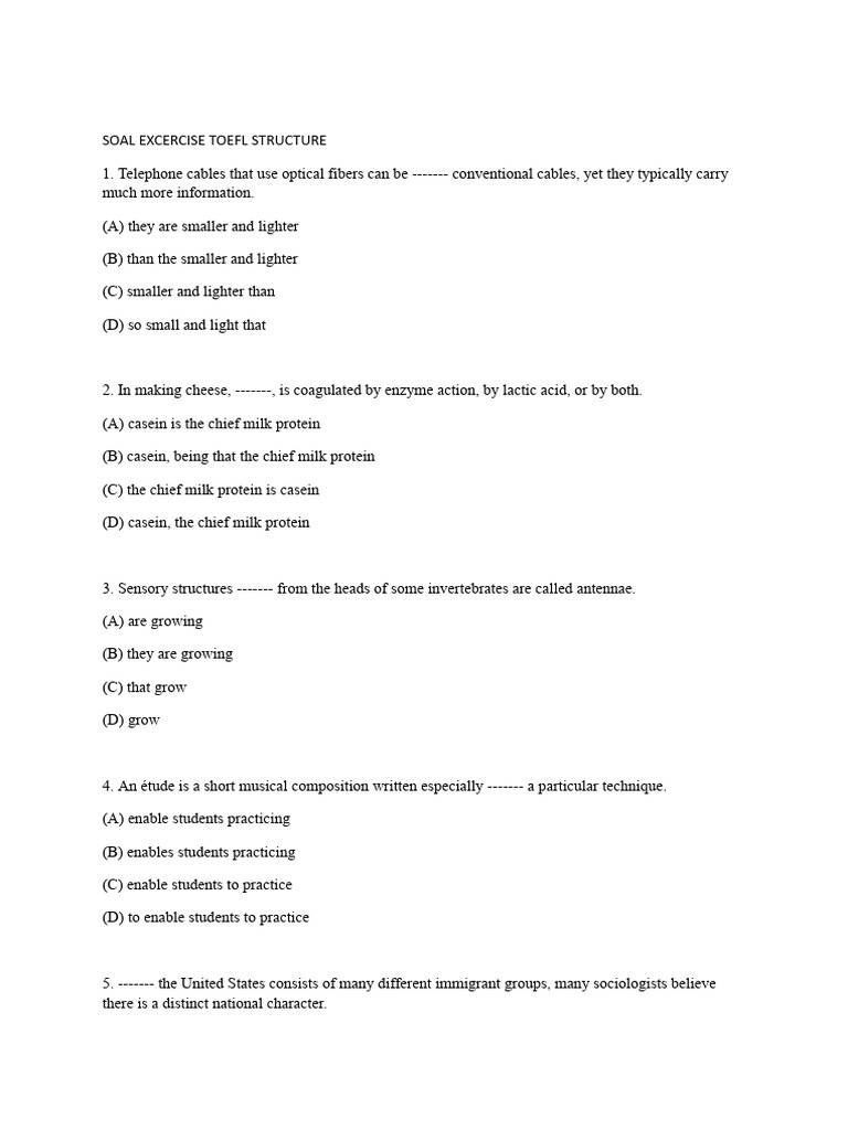 TOEFL Structure Practice Exercises | PDF | Linguistics
