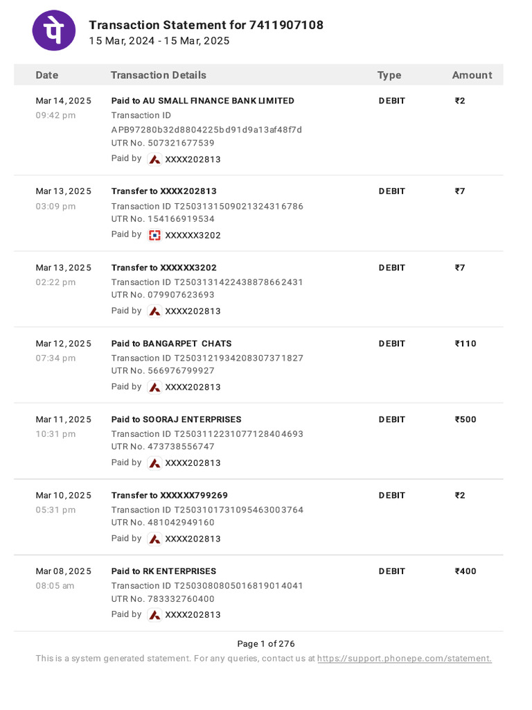 PhonePe Statement Mar2024 Mar2025 | PDF | Debits And Credits | Debit Card