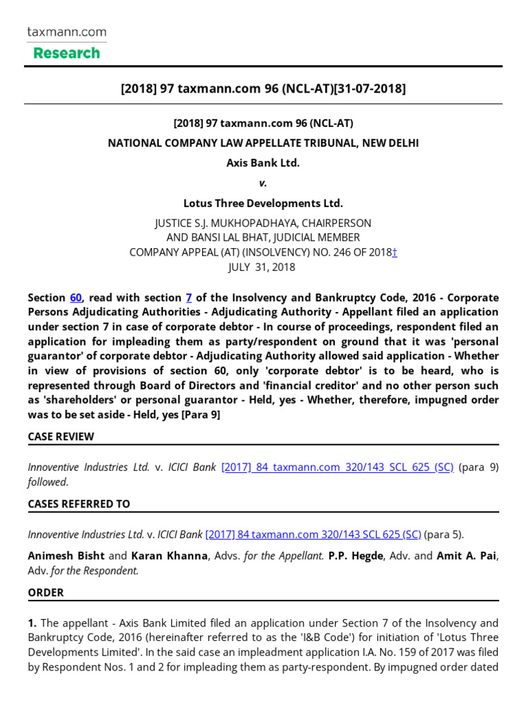 2018 97 Taxmann Com 96 NCL at 31-07-2018 Axis Bank Ltd vs Lotus Three ...