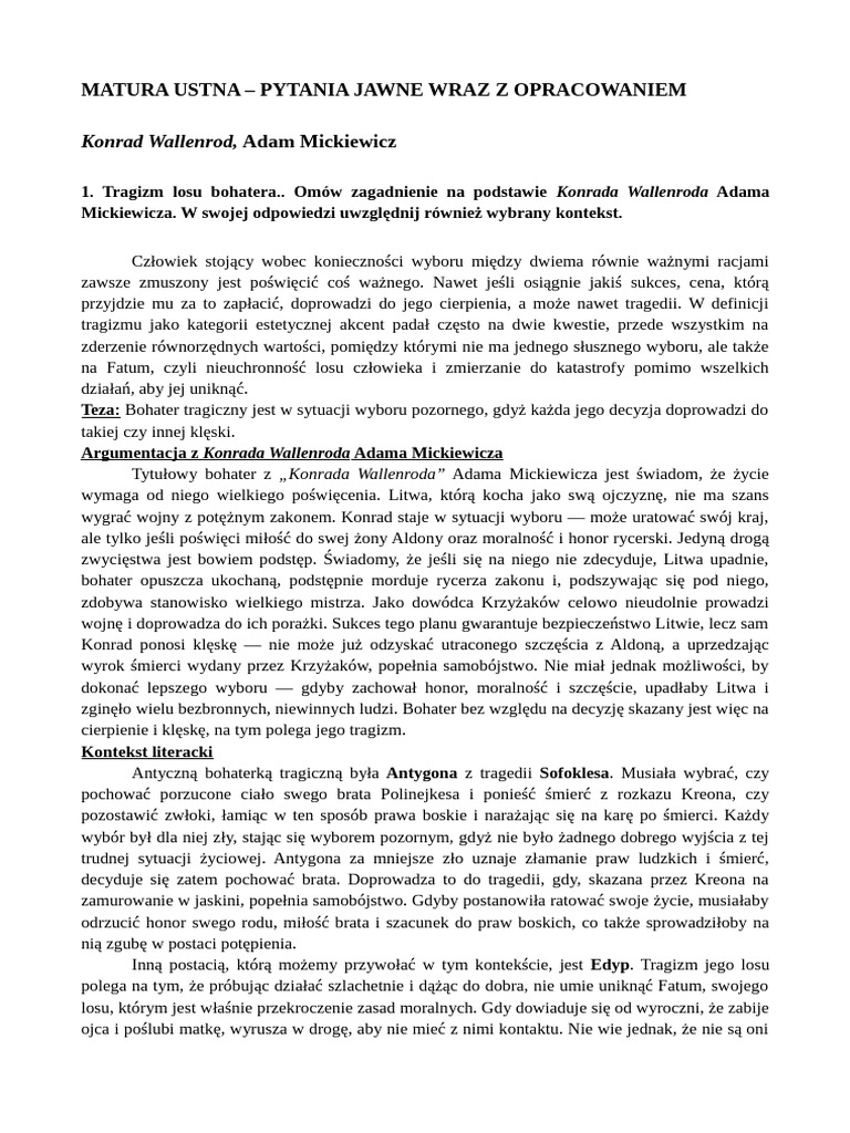 Konrad Wallenrod ADAM MICKIEWICZ - Matura Ustna - Poprawiony | PDF