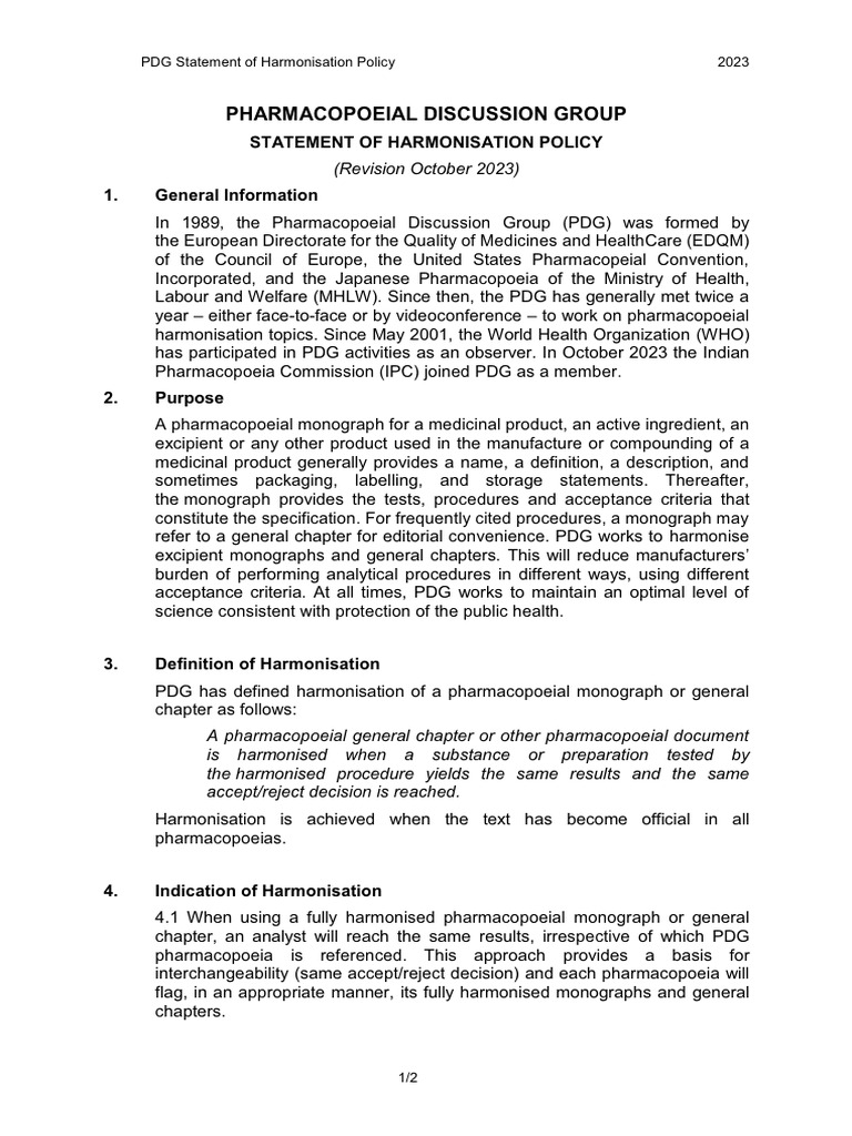 PDG Harmonisation Policy Overview 2023 | PDF