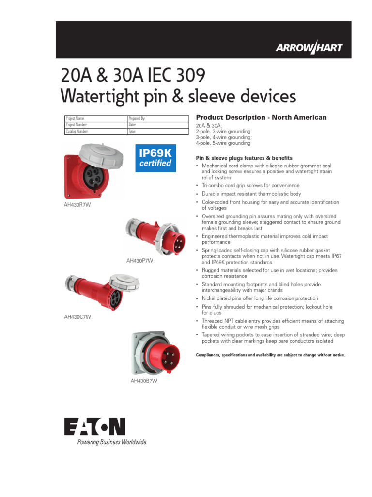 20A & 30A IEC 309 Watertight Pin & Sleeve Devices: Technical Data | PDF ...