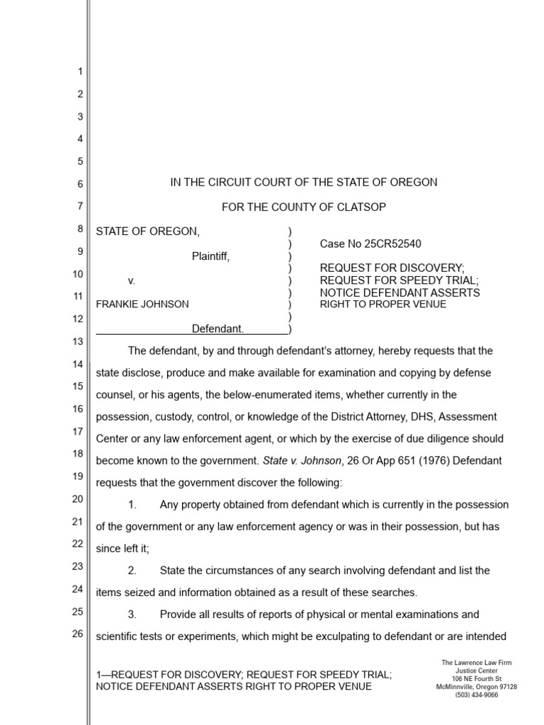 Frankie Johnson Clatsop County Request - Discovery - RQDS | PDF ...
