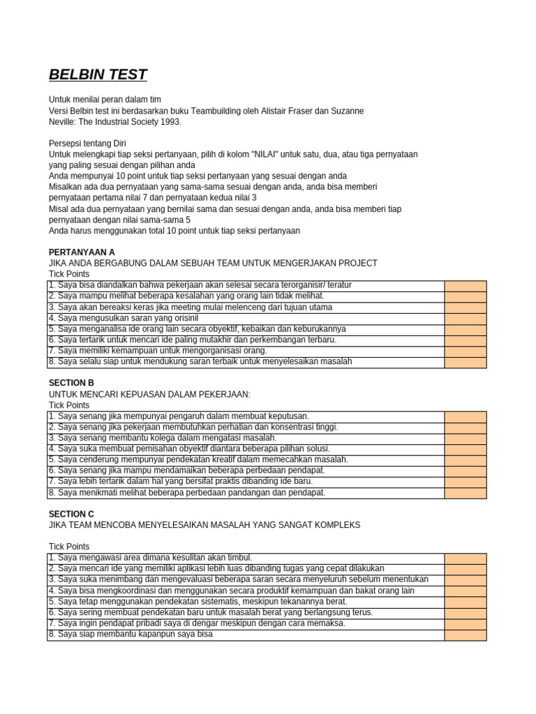 Penilaian Peran Tim dengan Belbin Test | PDF