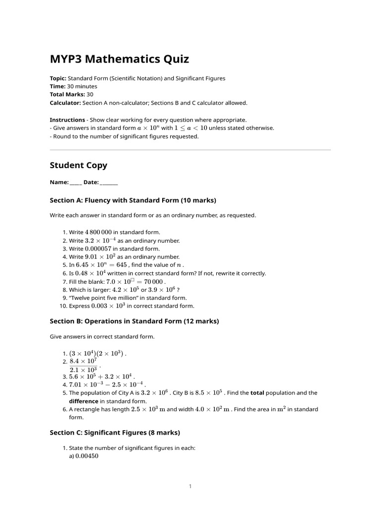 Myp3 Quiz_ Standard Form & Significant Figures | PDF | Mathematics | Arithmetic