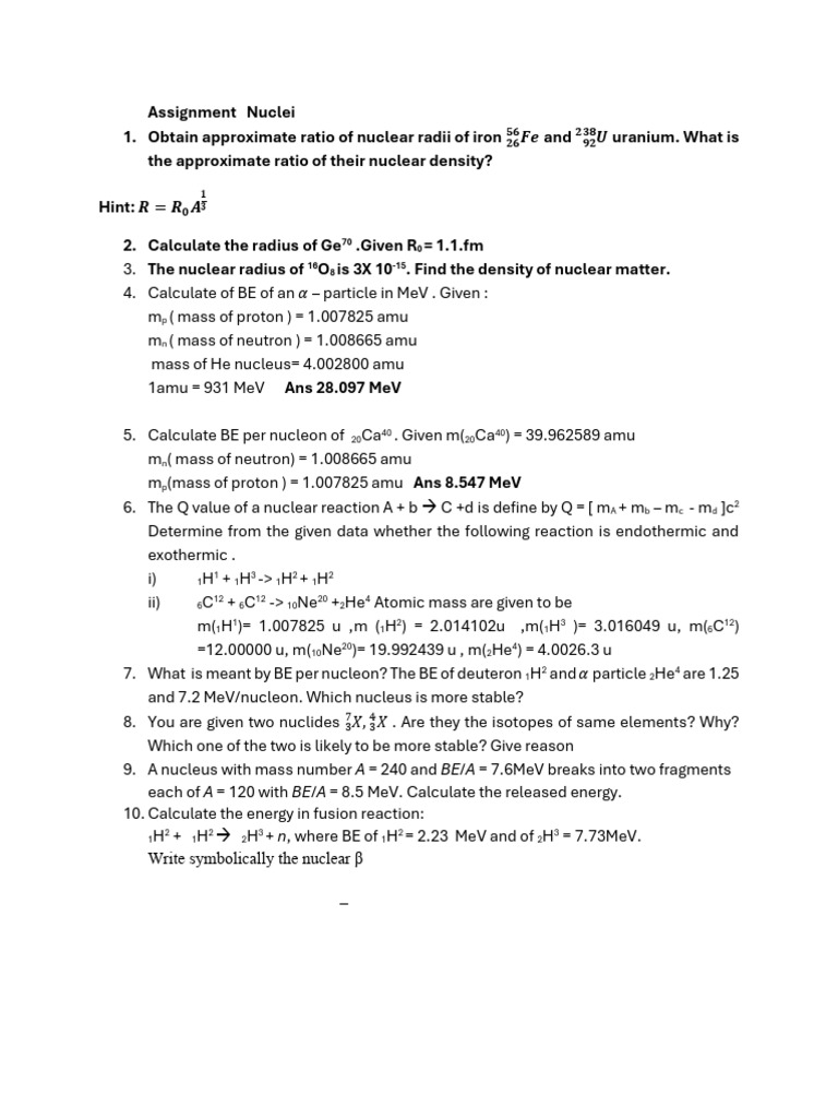 Nuclear Physics Assignment Questions | PDF