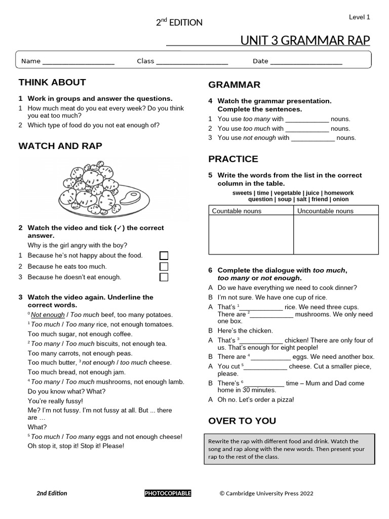 Grammar Rap: Food Quantities Exercise | PDF | Noun | Foods