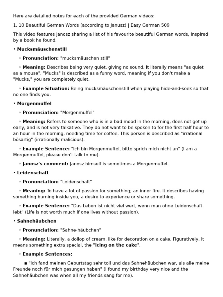 Here Are Detailed Notes For Each of The Provided German Videos | PDF ...