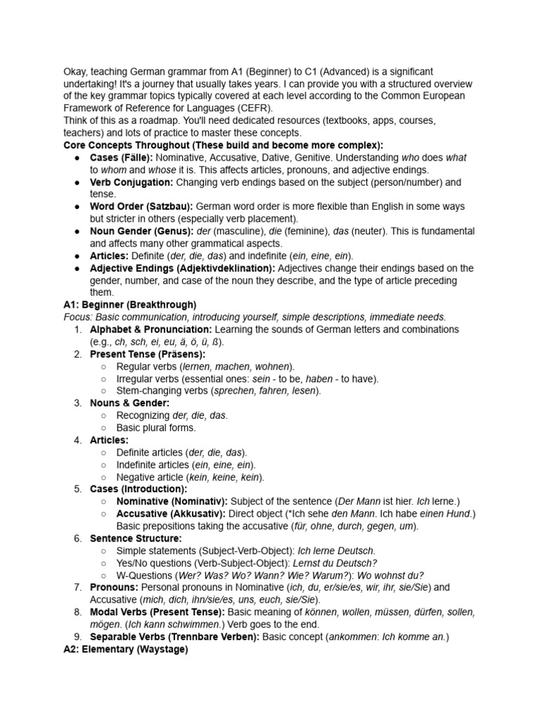 German Grammar Guide: A1 to C1 Overview | PDF | Grammatical Gender | Verb