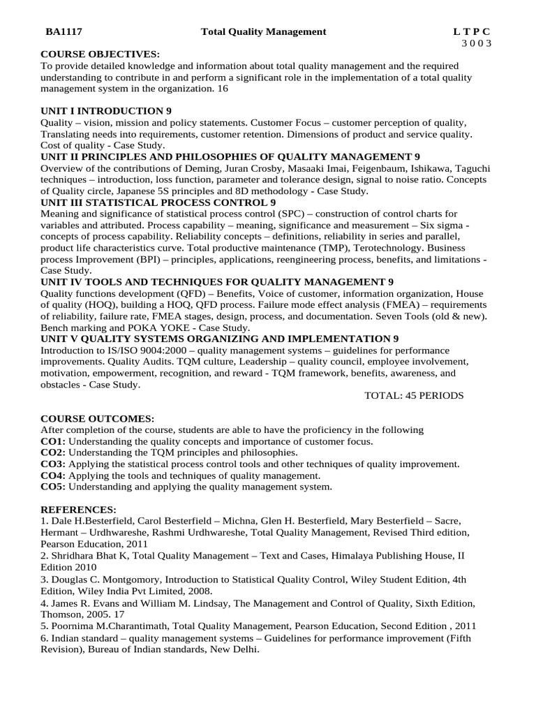 Total Quality Management Course Overview | PDF | Reliability ...
