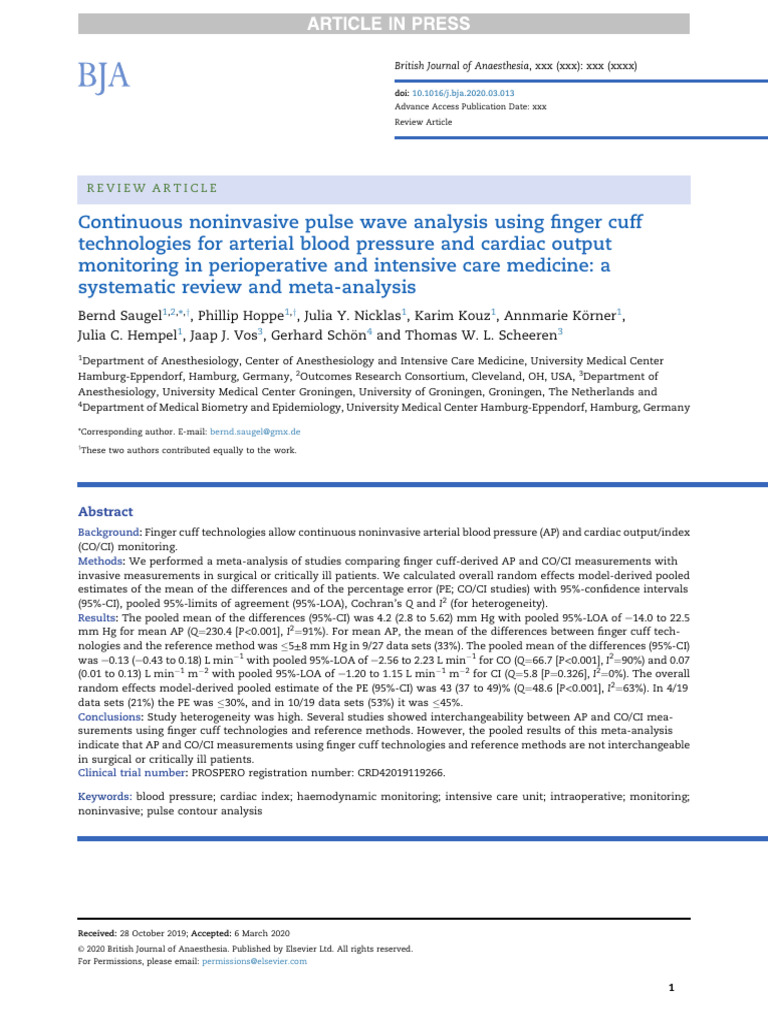 Continuous Noninvasive Pulse Wave Analysis Using Finger Cuff ...
