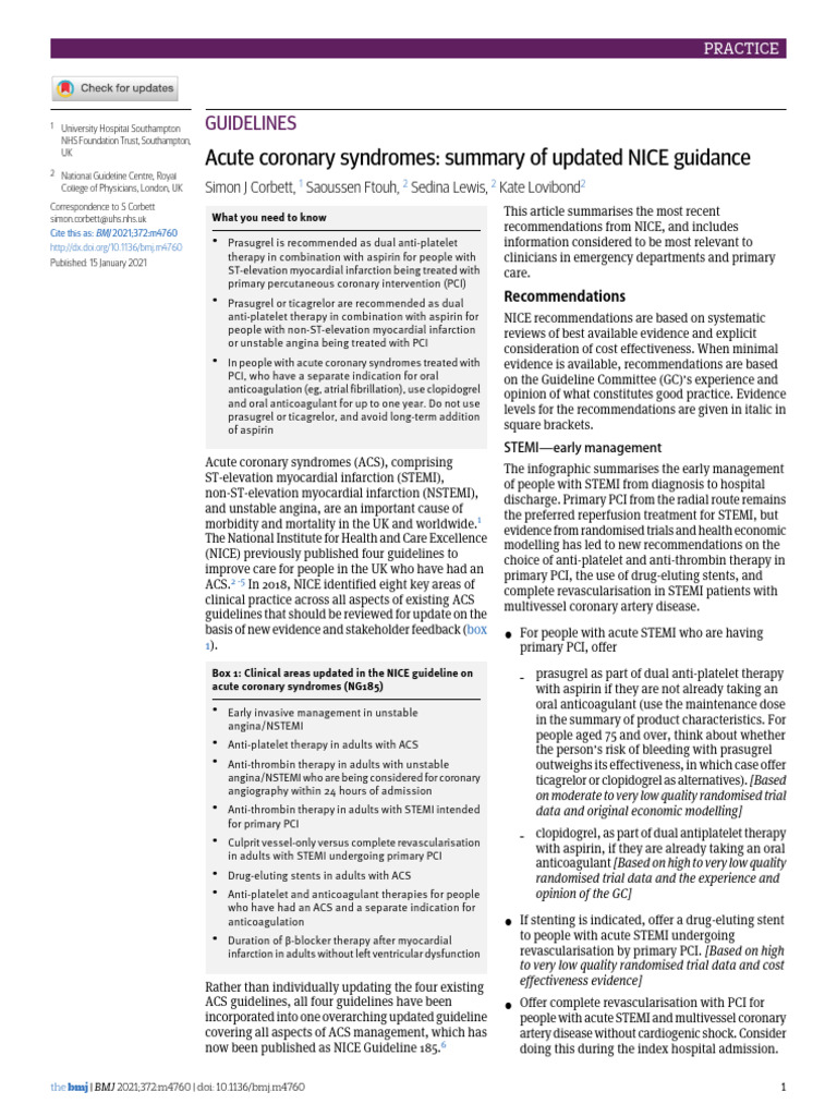 Acute Coronary Syndromes Summary of Updated NICE Guidance TheBMJ | PDF ...