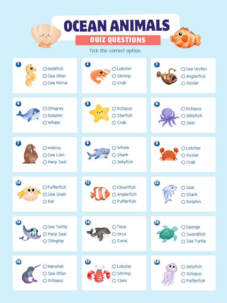 Ocean Animals Quiz Questions and Answers | PDF | Pinniped | Zoology