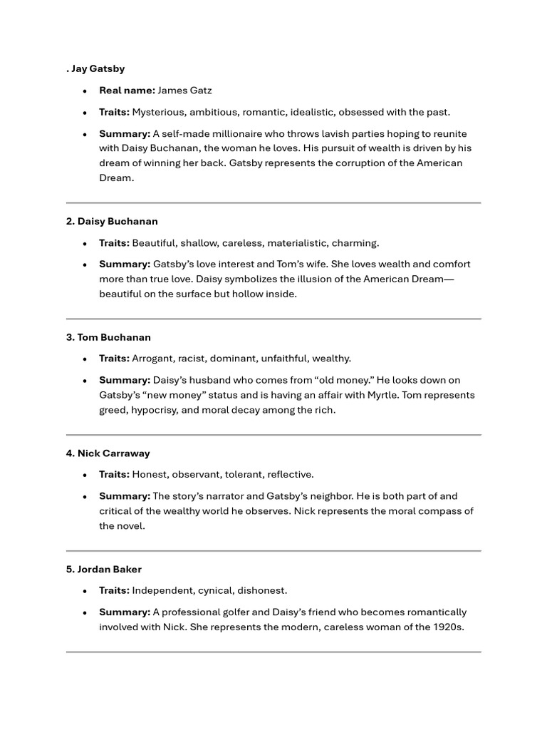 Brief Character Analysis | PDF | The Great Gatsby | Cost Of Living
