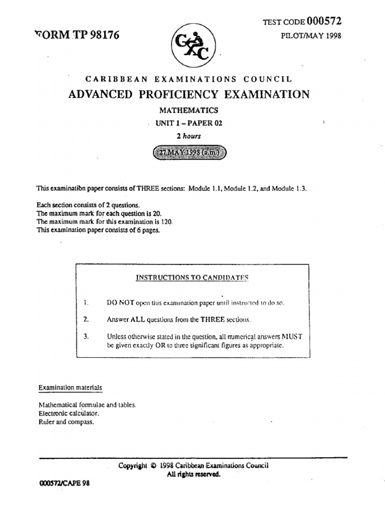 Pure Math Unit 1 Paper 2's (1999-2025) | PDF | Area | Complex Number
