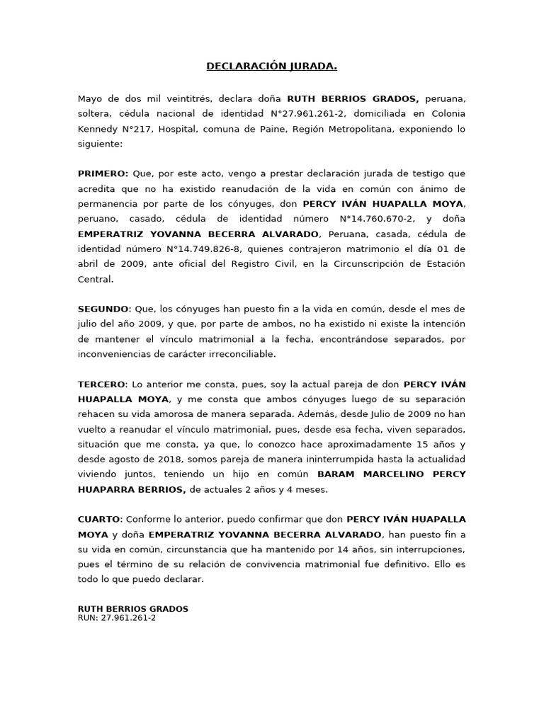 Declaración Jurada de Separación Matrimonial | PDF