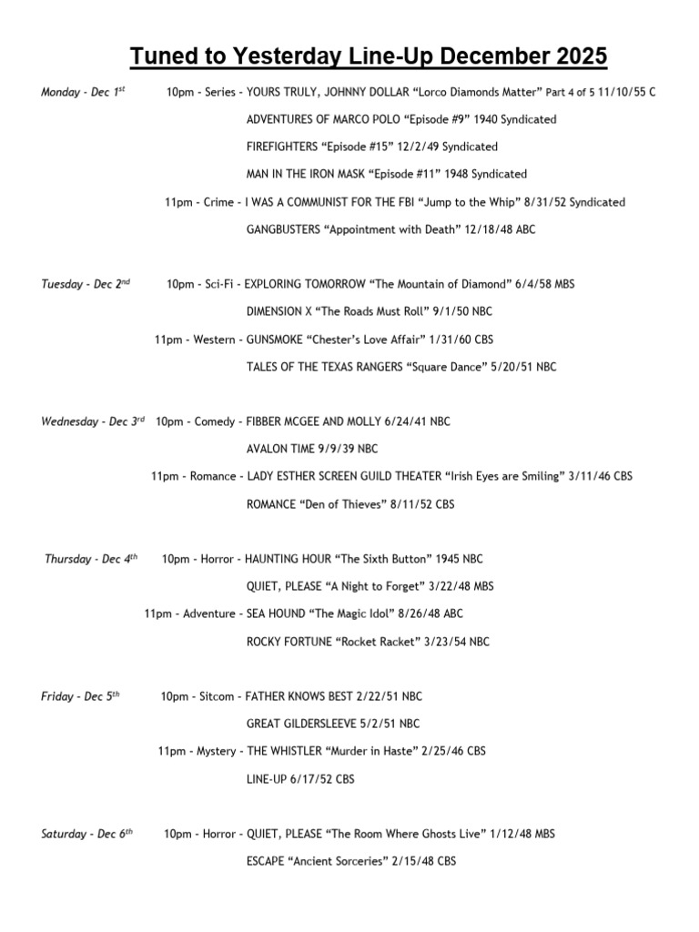 December 2025 Radio Show Line-Up | PDF | Nbc | Cbs
