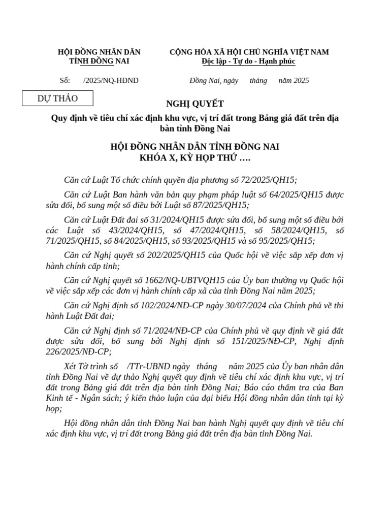 Du Thao Nghi Quyet Tieu Chi Khu Vuc Vi Tri Bang Gia Dat | PDF