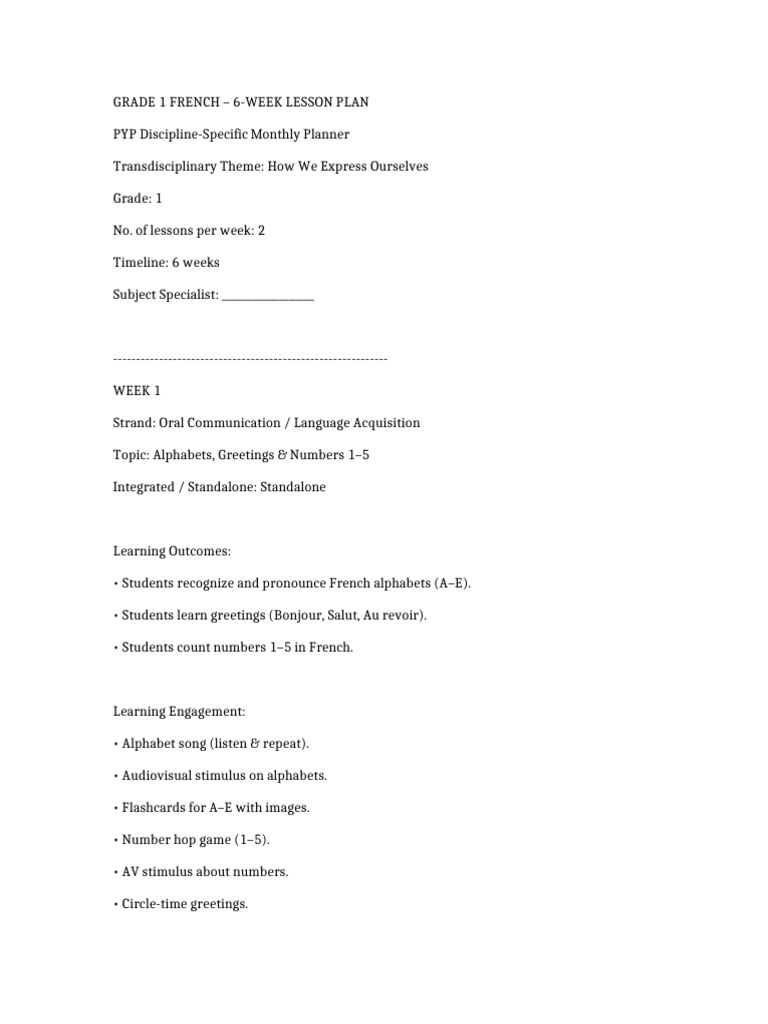 Grade 1 French 6-Week Lesson Plan | PDF | Vocabulary | Linguistics