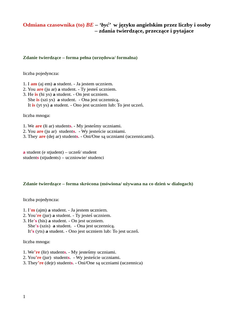 Odmiana Czasownika TO BE - SZCZEGÓŁOWO | PDF