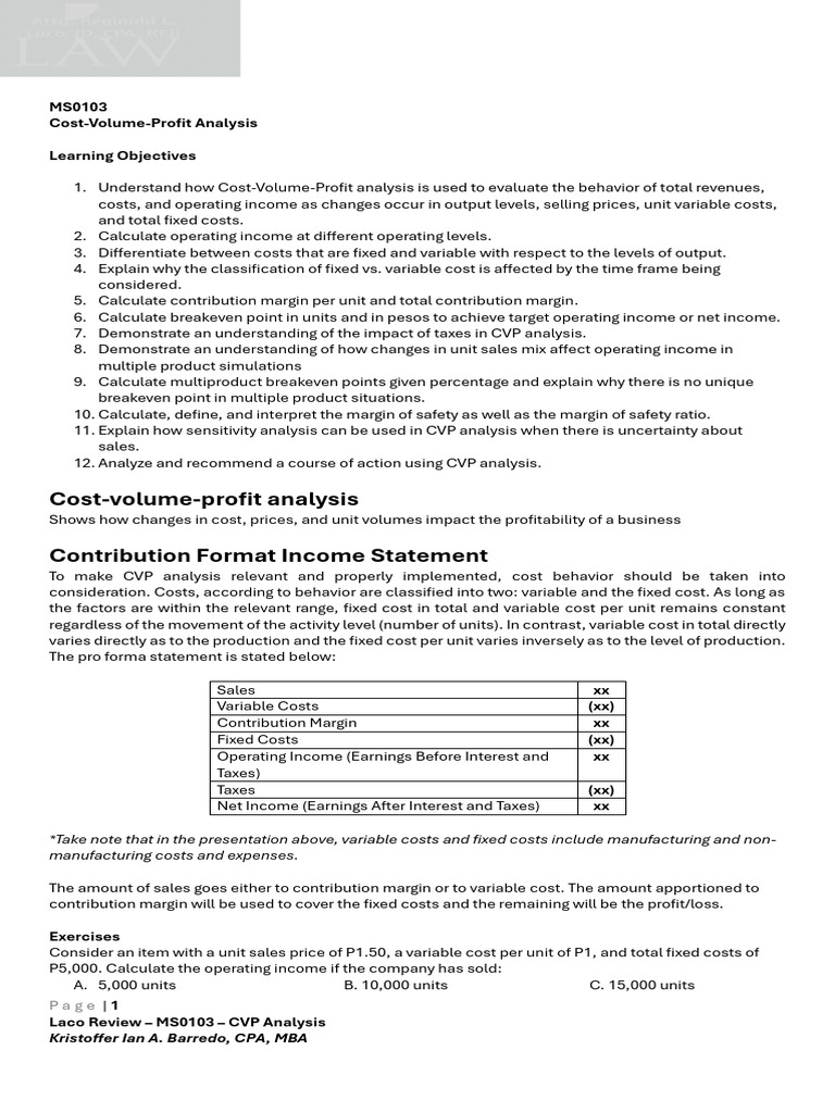 MS 0103 CVP Analysis 1 | PDF | Business Economics | Financial Accounting