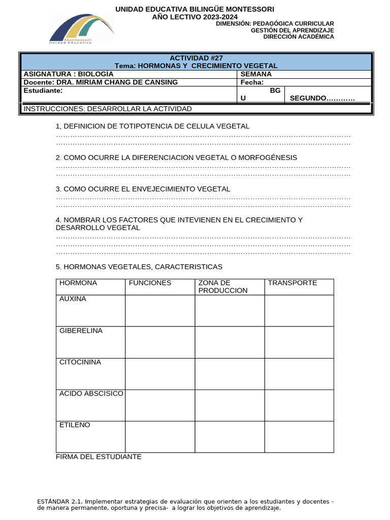 Actividad 27 II Bgu.2023 Hormonas,Crecimiento Vegetal | PDF