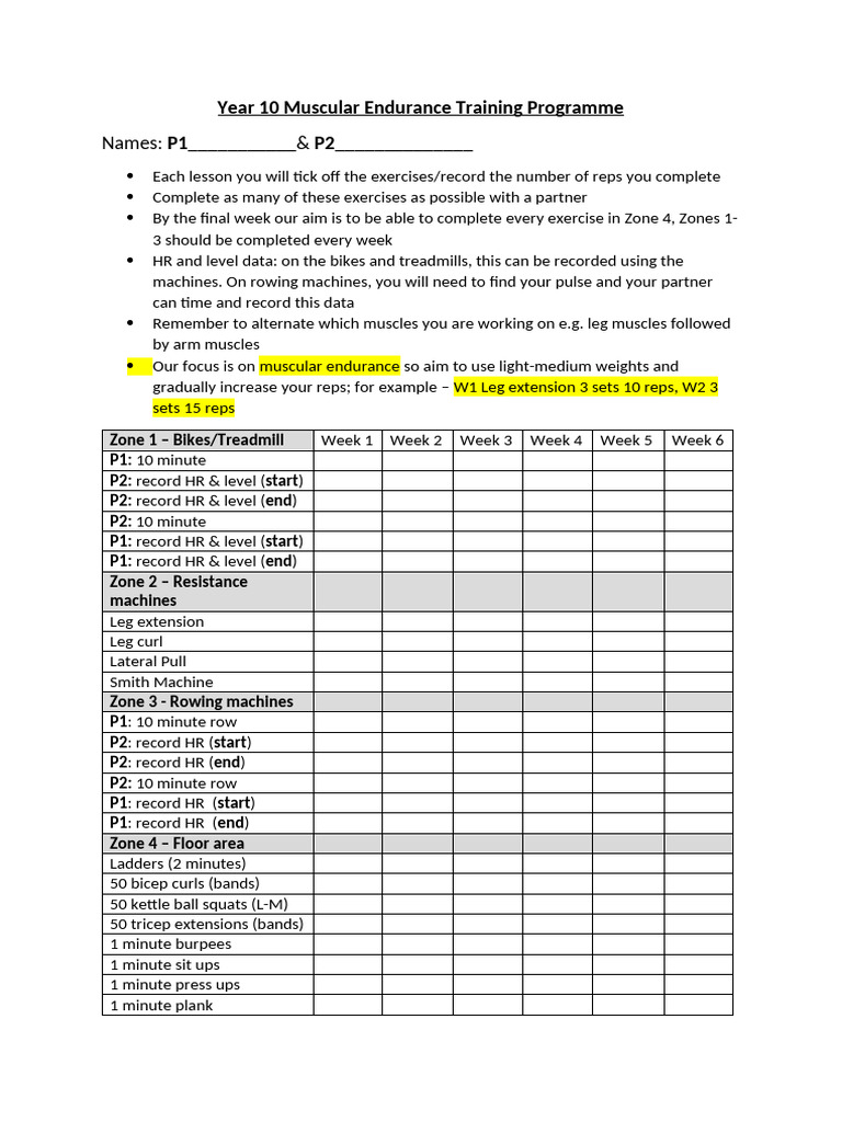 Year 10 Muscular Endurance Training Programme | PDF
