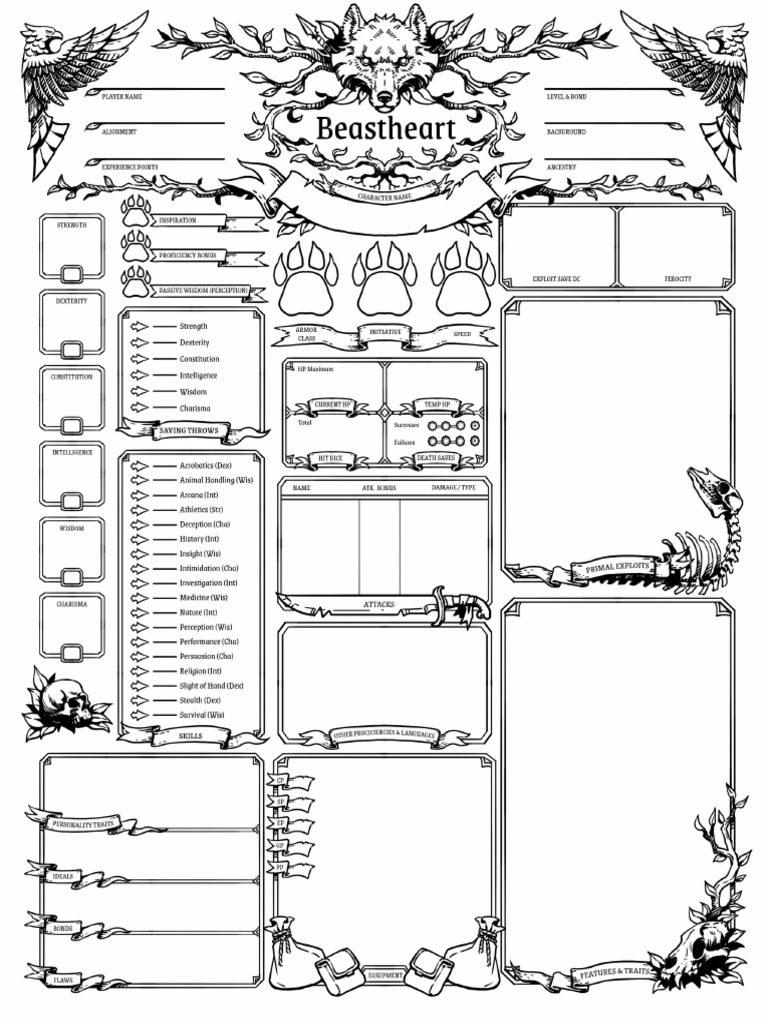Beastheart - Character Sheet - Form Fillable | PDF