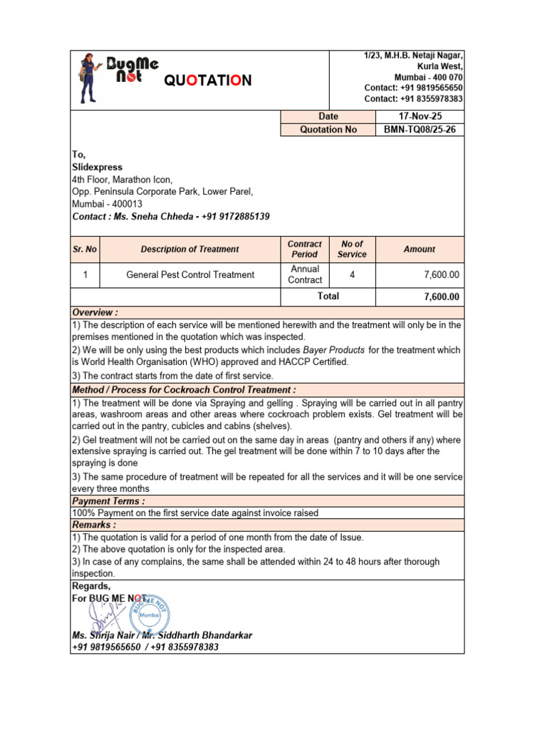 Annual Pest Control Quotation Mumbai | PDF | Pest Control | Insecticide