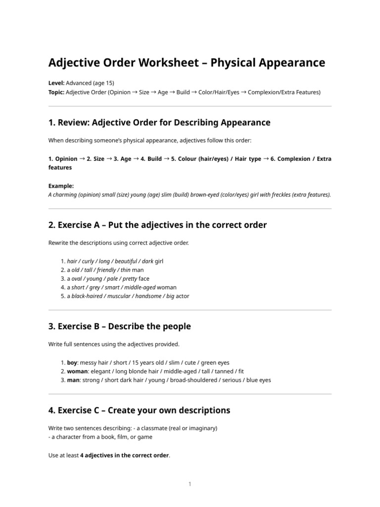 Adjectives Order Worksheet | PDF | Blond | Human Appearance