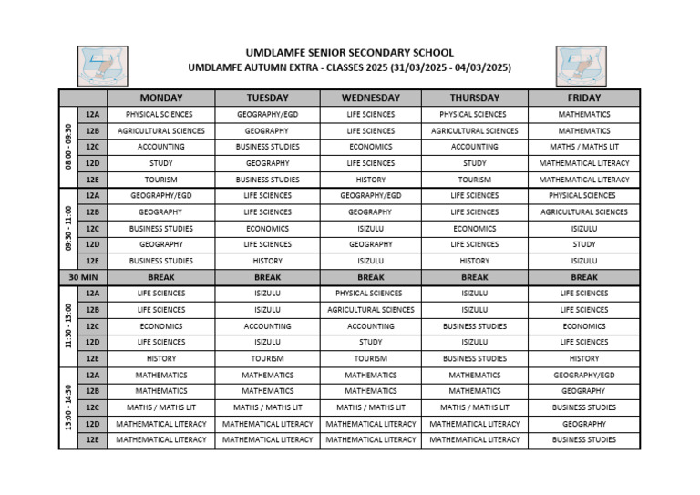 Extra Class Timetable - 2025 Term 1 | PDF