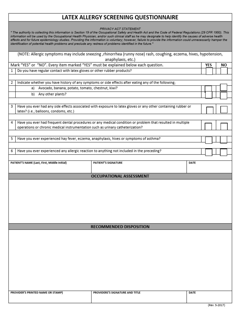 Latex Screening Form | PDF | Allergy | Medical Specialties