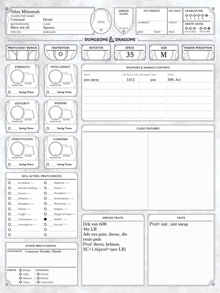 Silas Milassiah (SporeDruid) Sheet | PDF | Gaming | D20 System