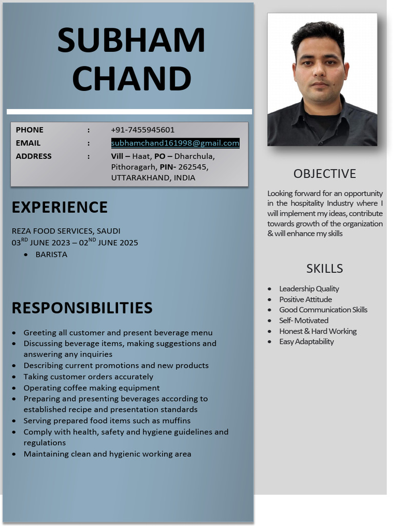 SUBHAM CHAND - BARISTA | PDF