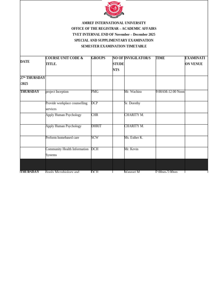Updated Internal Exam Timetable | PDF