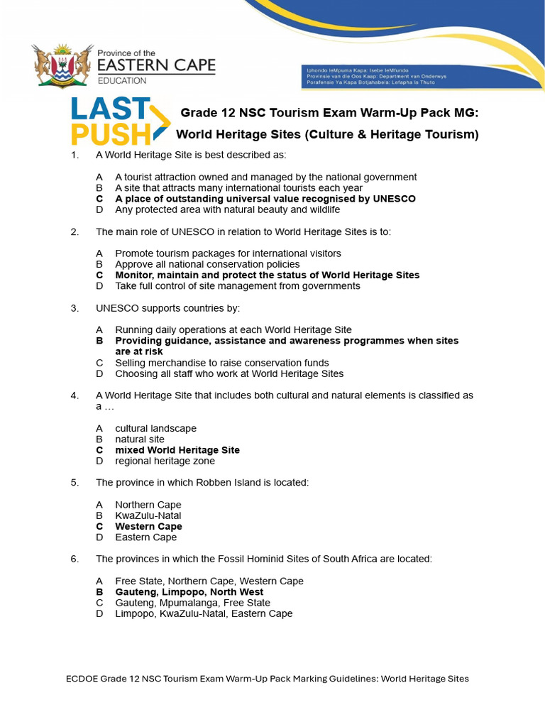 WHS_Grade 12 NSC Tourism Exam Warm-Up Pack 2025_MG_ECDOE | PDF | South ...